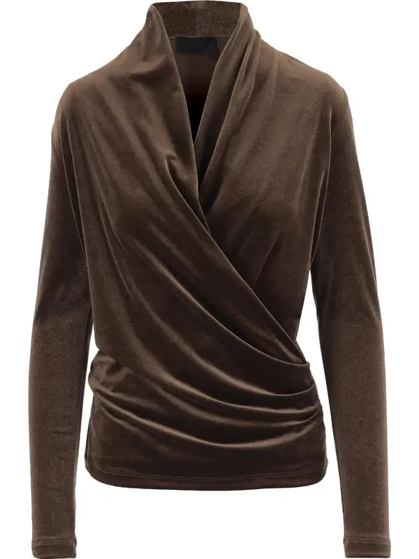 F.IT Stretch Velvet Cross Over Sweater - Brown