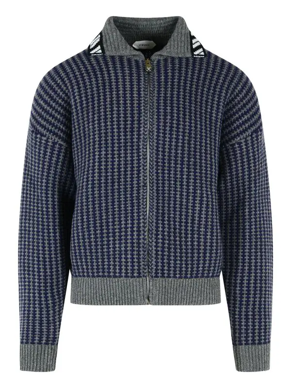 Versace Blue And Knit Zip Cardigan - Grey