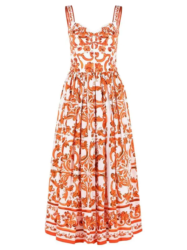 Dolce & Gabbana Maiolica' White And Cotton Maxi Dress - Orange