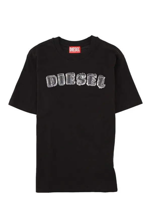 DIESEL® T Shirt Con Logo Effetto Sfrangiato - Black