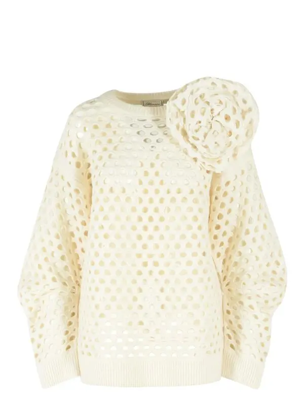 Blumarine Ivory Openwork Wool Cardigan - Cream