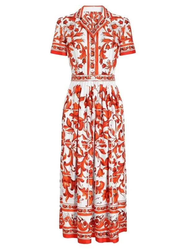 Dolce & Gabbana Maiolica Print Silk Maxi Dress - Orange