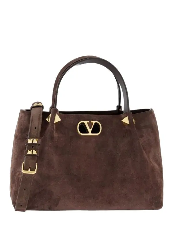 Valentino Garavani V Logo Signature Small Suede Leather Tote - Brown