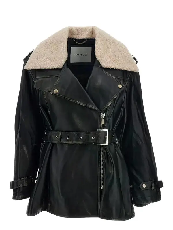 HALFBOY Belted Shearling-collar Biker Jacket - Black