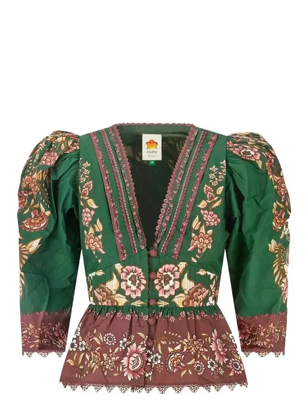 Farm Rio Floral-print Puff-sleeves Blouse - Green