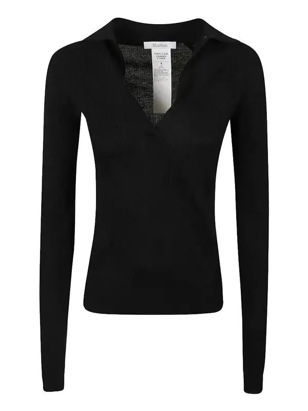 Max Mara Ribbed-knit V-neck Polo Top - Black