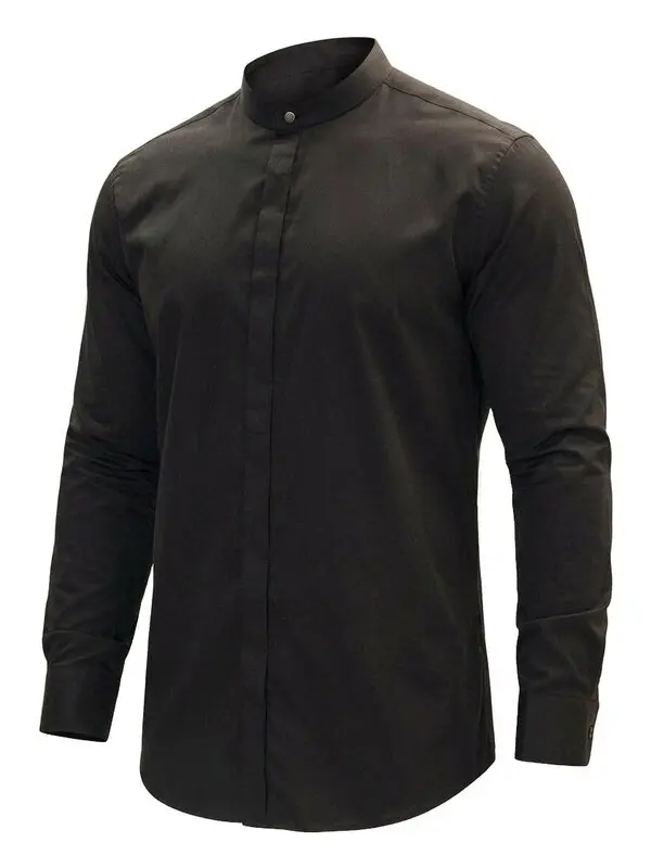 RON TOMSON Pure Cotton Band Collar Dress Shirt - Black