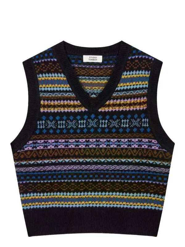 STUDIO TOMBOY Fair Isle-knit V-neck Vest - Blue