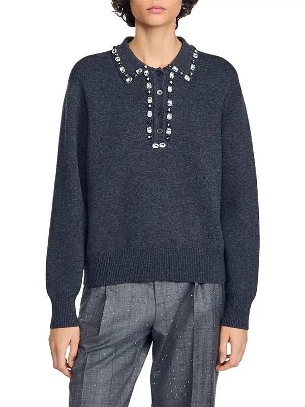 Sandro Antonia Embellished Polo Collar Sweater - Grey