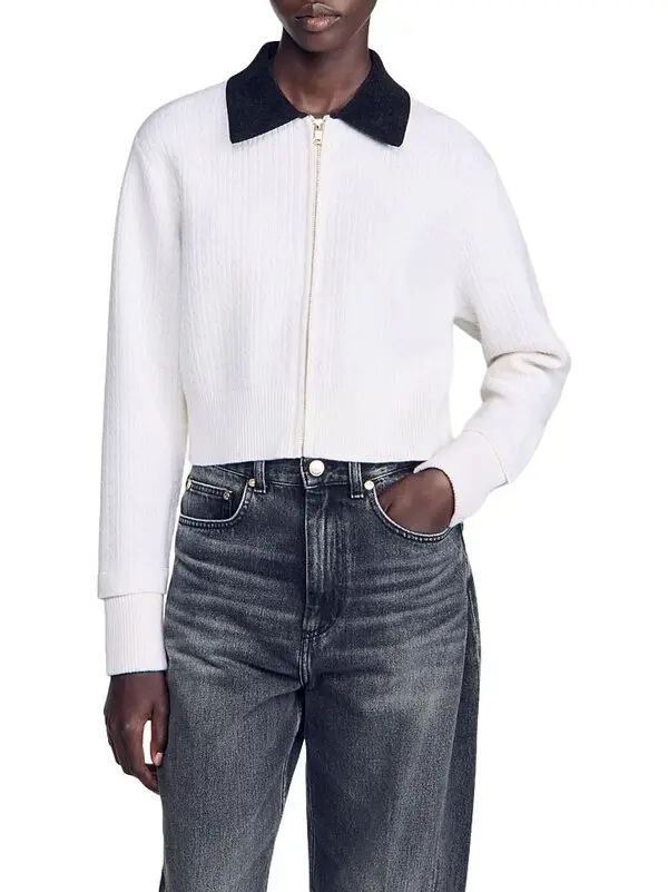 Sandro Maya Cable Knit Cropped Cardigan - Ecru