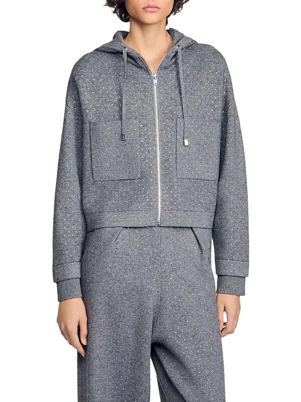 Sandro Luce Hooded Rhinestone Zip Cardigan - Grey