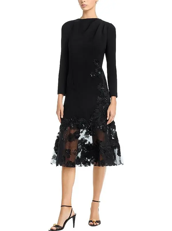 Rickie Freeman For Teri Jon Crepe Long Sleeve Embellished Hem Dress - Black