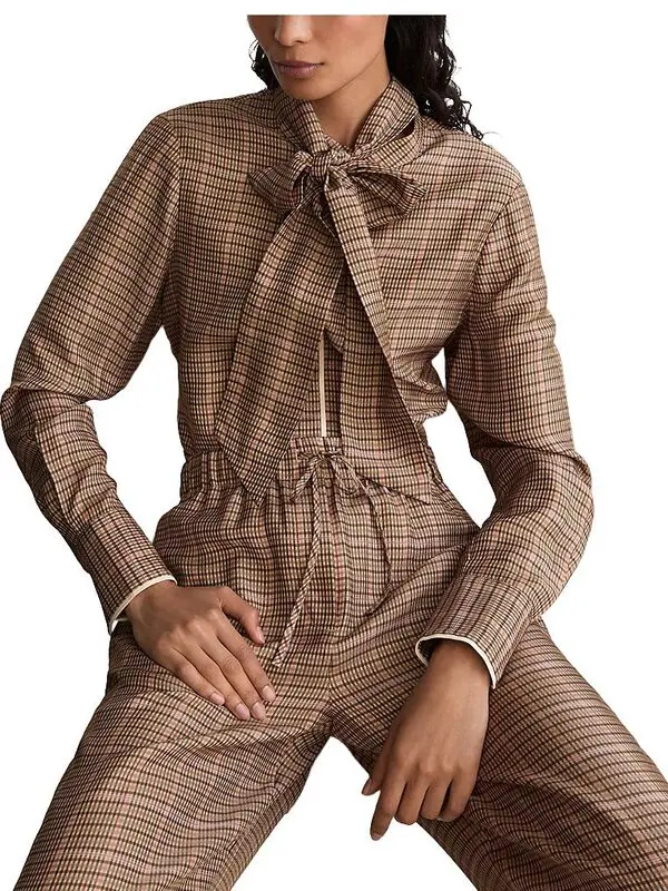 REISS Minnie Tie Neck Long Sleeve Blouse - Neutral