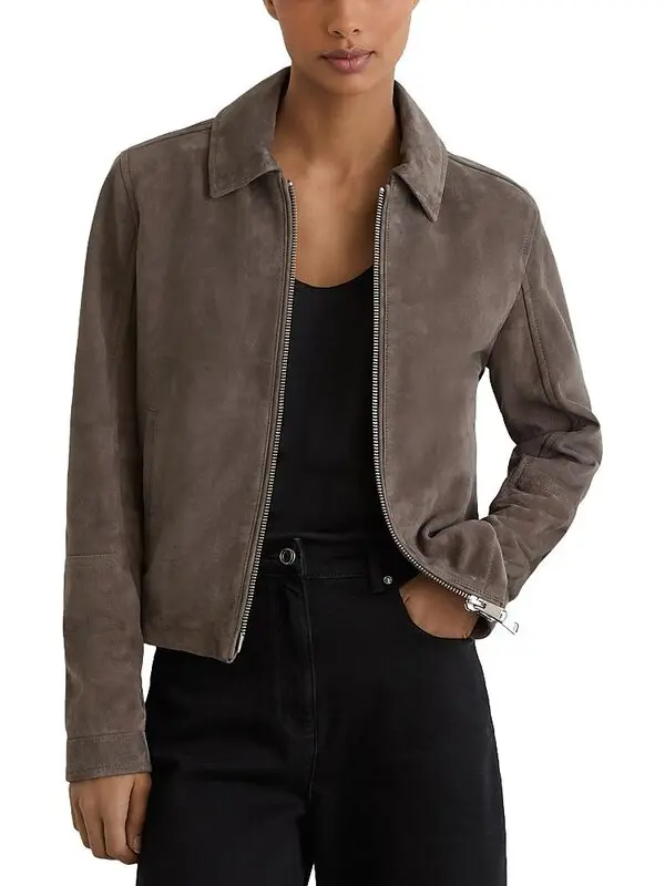 REISS Sorina Suede Zip Front Jacket - Grey