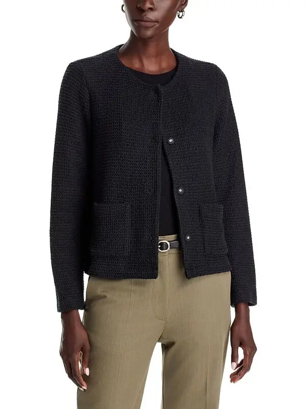 Eileen Fisher Cotton Boucle Round Neck Jacket - Black