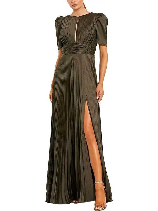 Mac Duggal Short Sleeve Pleated Evening Gown With Slit - Olive