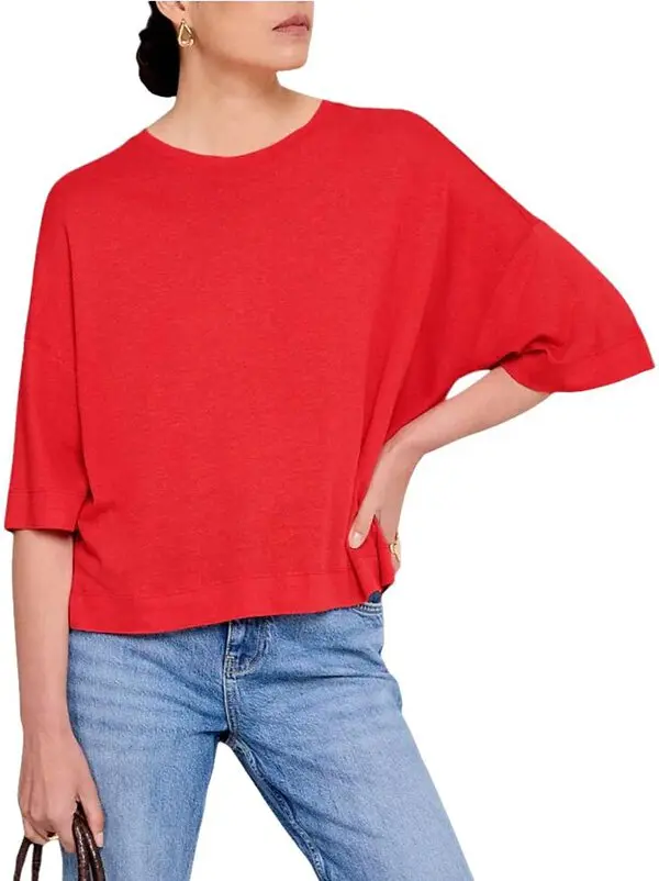 Mint Velvet Linen Blend Boxy Silhouette T-shirt - Red