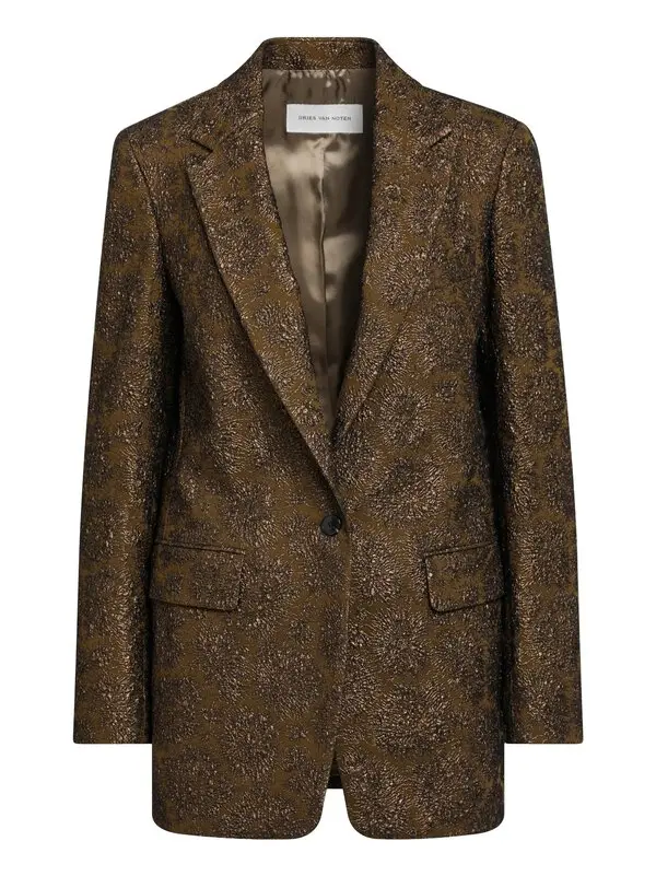 Dries Van Noten Khaki Single-breasted Jacket With Floral Jacquard Pattern - Green