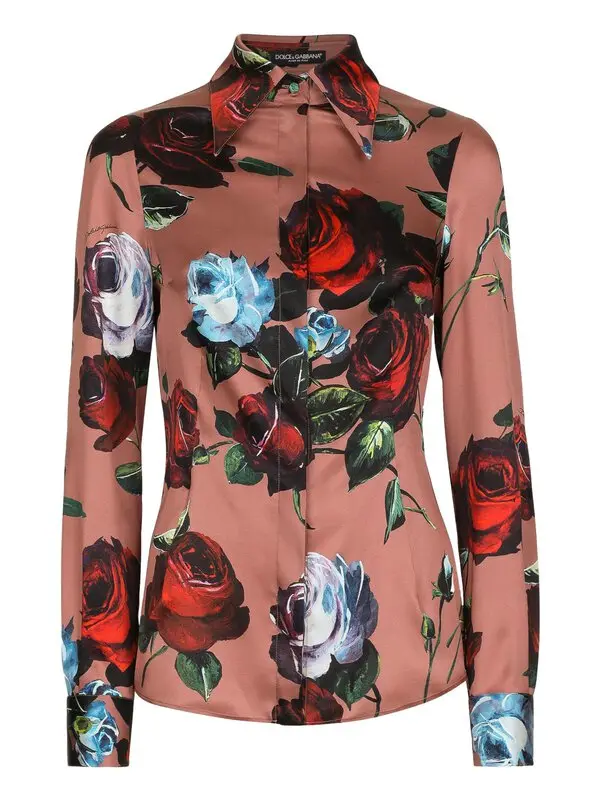 Dolce & Gabbana Dolce Gabbana Vintage Rose Printed Satin Shirt - Multicolor