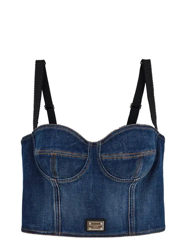 Dolce & Gabbana Dolce Gabbana Logo Plaque Denim Bustier Top - Blue
