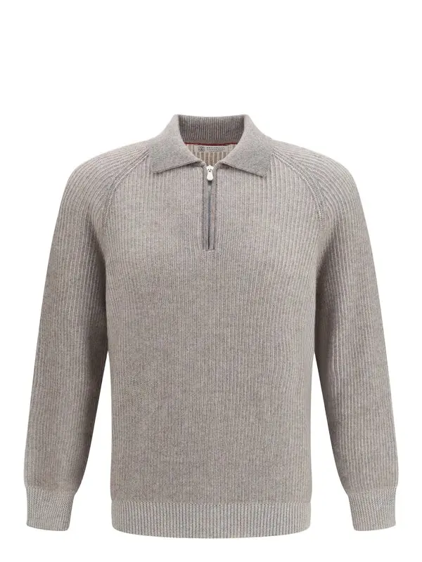Brunello Cucinelli Cashmere Milano Stitch Polo Sweater With Zip - Grey