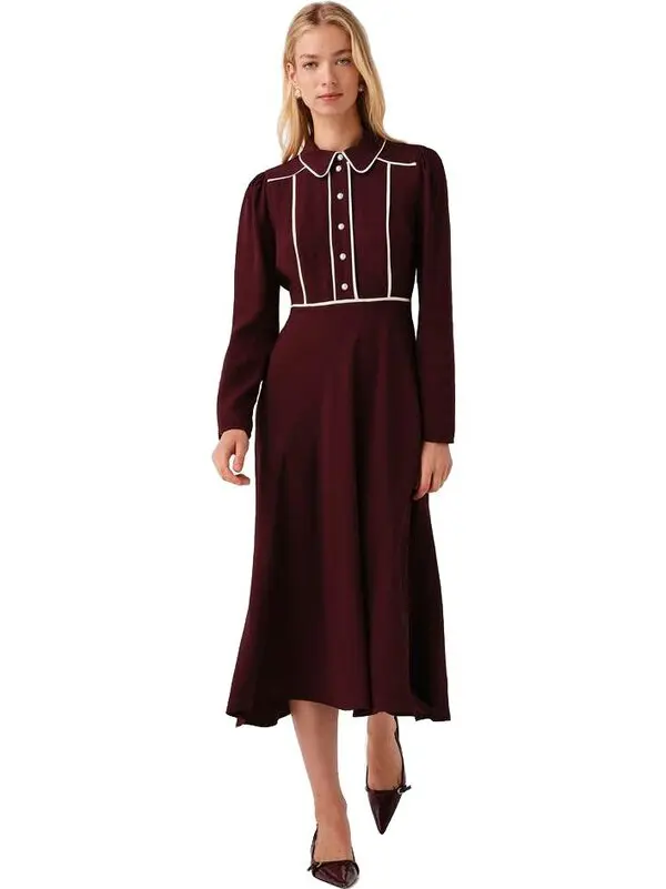 GHOST LONDON Alberta Contrast Piping Midi Dress - Wine