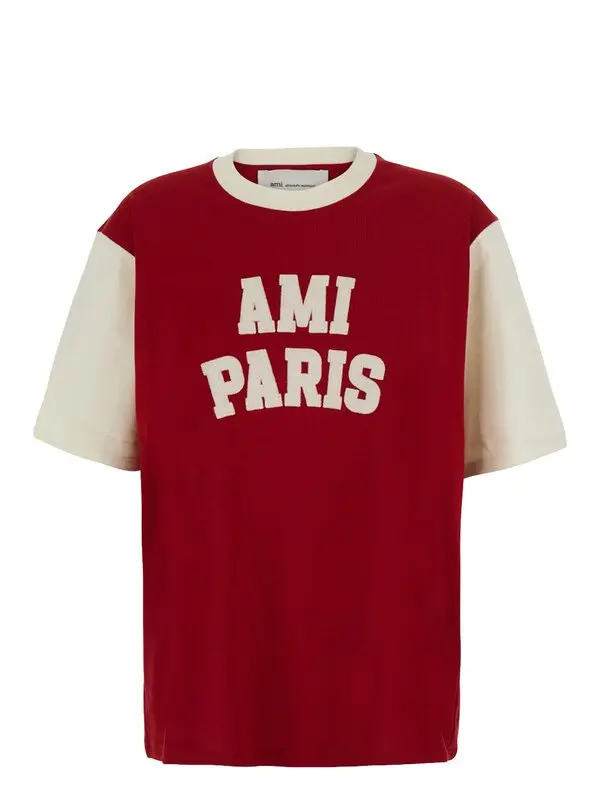 AMI Paris Cotton T-shirt With Felt Embroidered Front Logo - Red