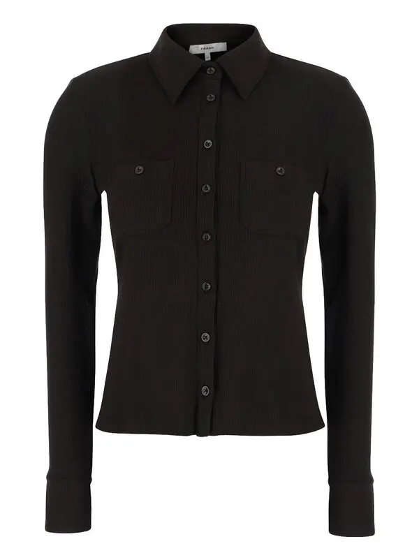 FRAME Modal Pointed-collar Ribbed Top With Button Closure And Front Pockets - Brown
