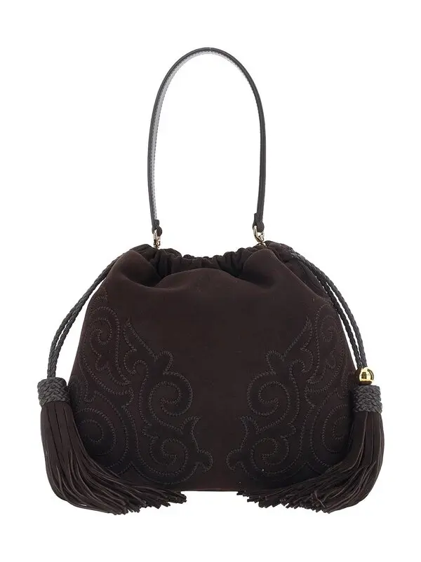 Etro Suede Shoulder Handbag With Drawstring Closure, Tassels, Embroidered Detail, Removable Top Handle 31 X 33 X 7 Cm - Brown