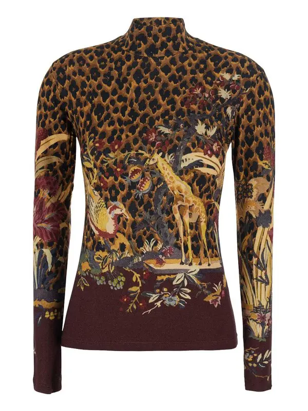 Etro High-neck Animal Motif All-over Wool-blend Sweater - Multicolor