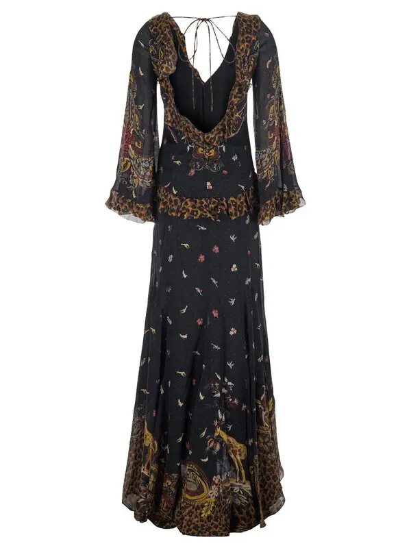 Etro V-neck Long Dress With Ruffled Sleeves And All-over Print Tech Fabric - Brown