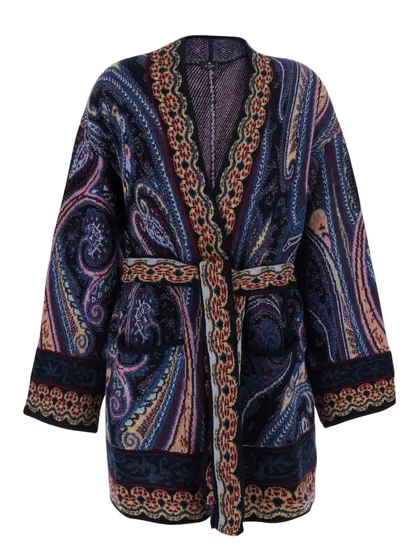 Etro Printed Wool V-neck Cardigan With Belted Front - Multicolor