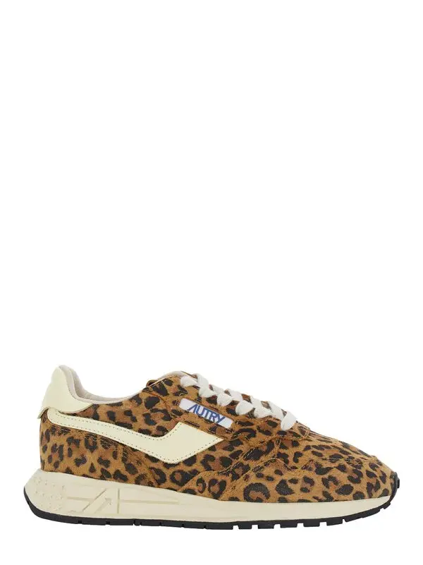 AUTRY Leather Sneaker With Animal Print And Lace-up Detail For - Brown