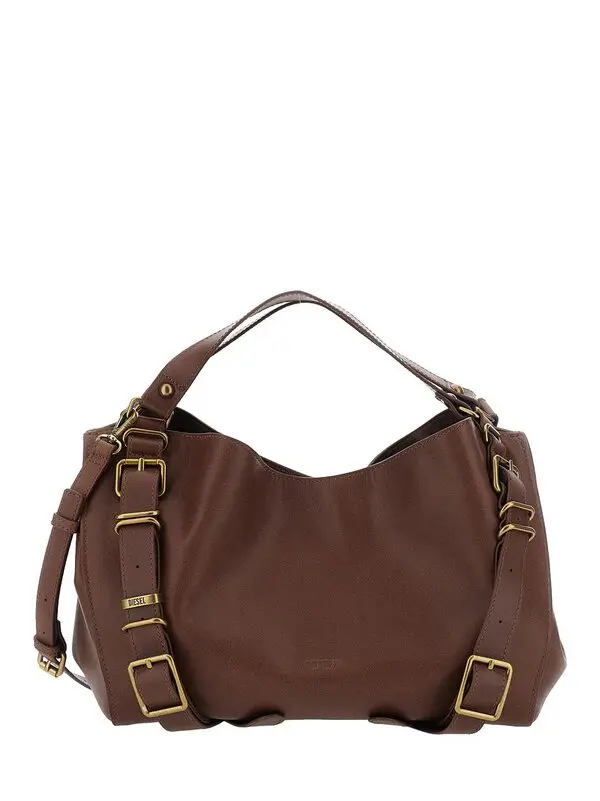 DIESEL® Medium Top-handle Shoulder Handbag With Metal Details And Logo - Brown