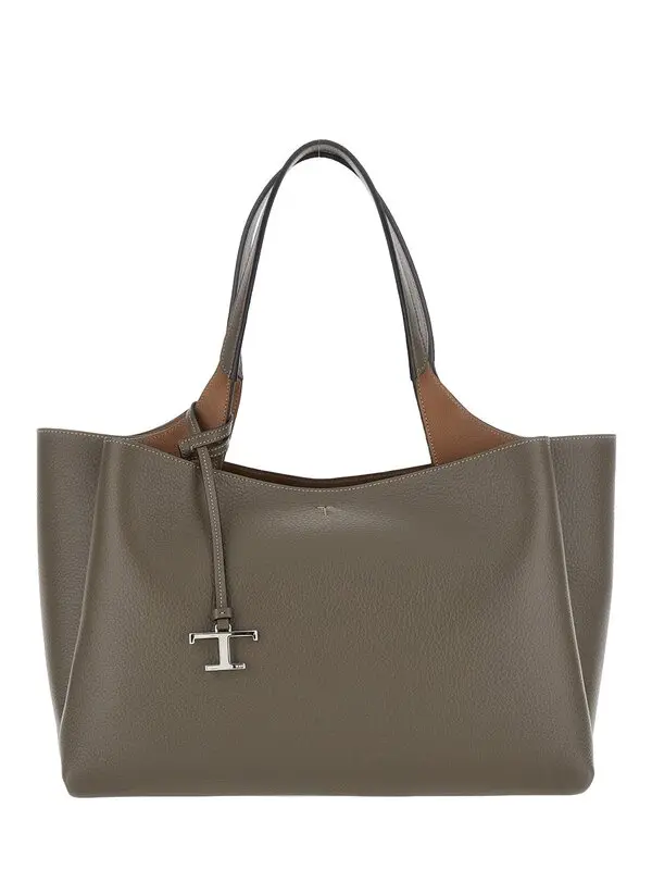 TOD'S Leather Medium Handbag With T Metal Pendant, 41x26x19 Cm - Grey
