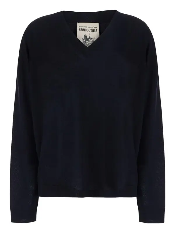 SEMICOUTURE Jade V-neck Virgin Wool Sweater For - Blu