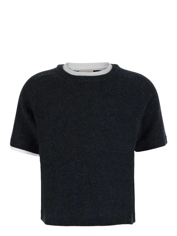 SEMICOUTURE Aida Wool-cashmere Contrast Collar Short Sweater - Grey