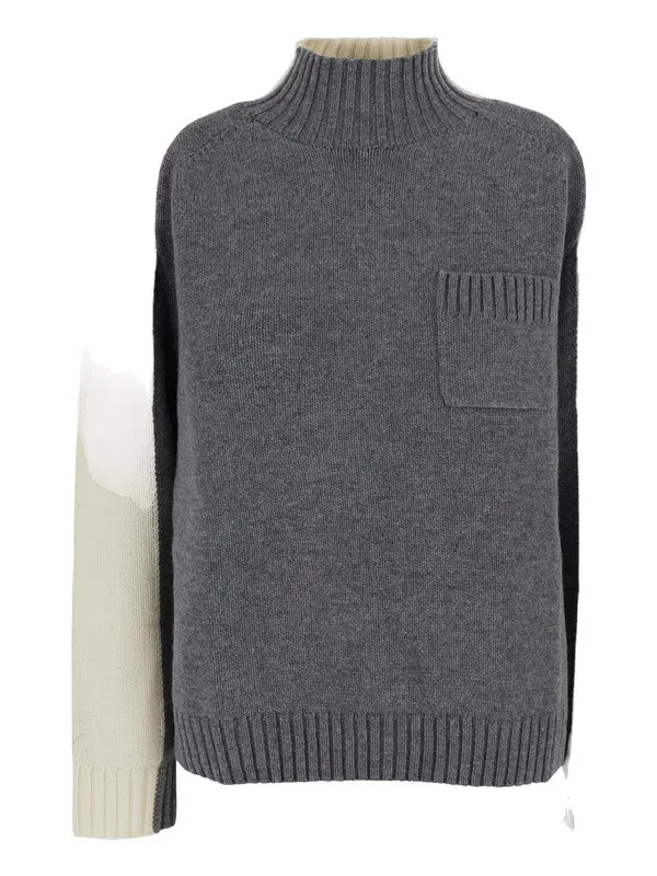 SEMICOUTURE Bicolor Wool And Cashmere Sweater With High Collar And Chest Pocket - Grey