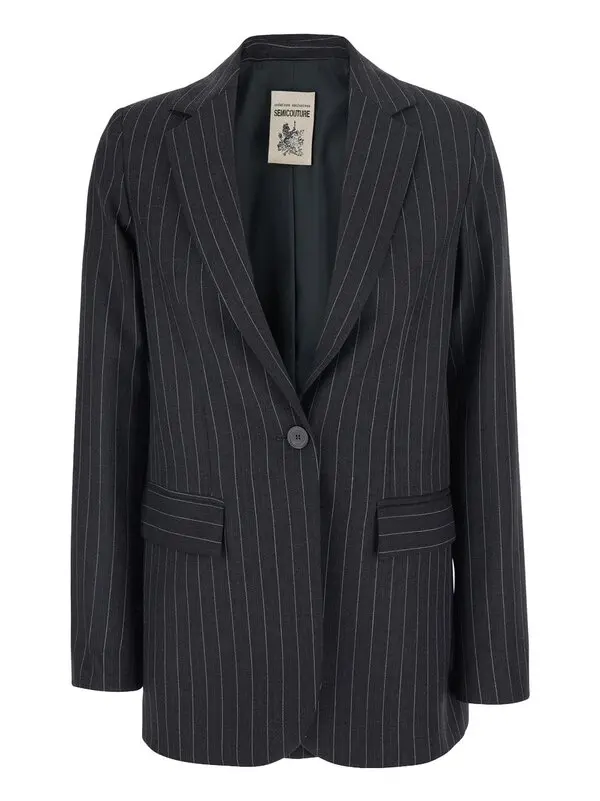 SEMICOUTURE Carmen Striped Wool-blend Notched Revers Single-breasted Jacket For - Grey