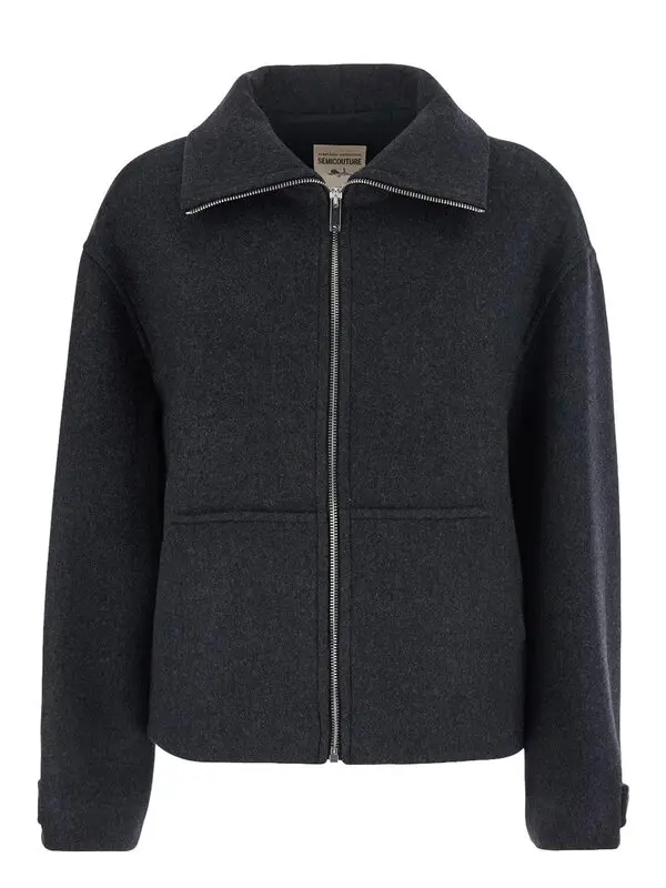 SEMICOUTURE Jeanie Wool Jacket With Classic Collar, Zip Front & Buttoned Cuffs - Grey