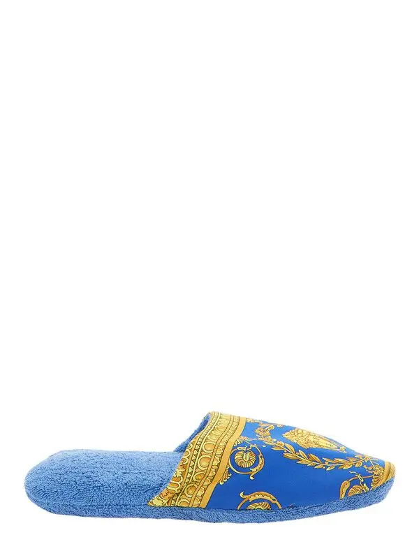Versace Baroque Print Fabric Slippers With Gold Accents - Blu