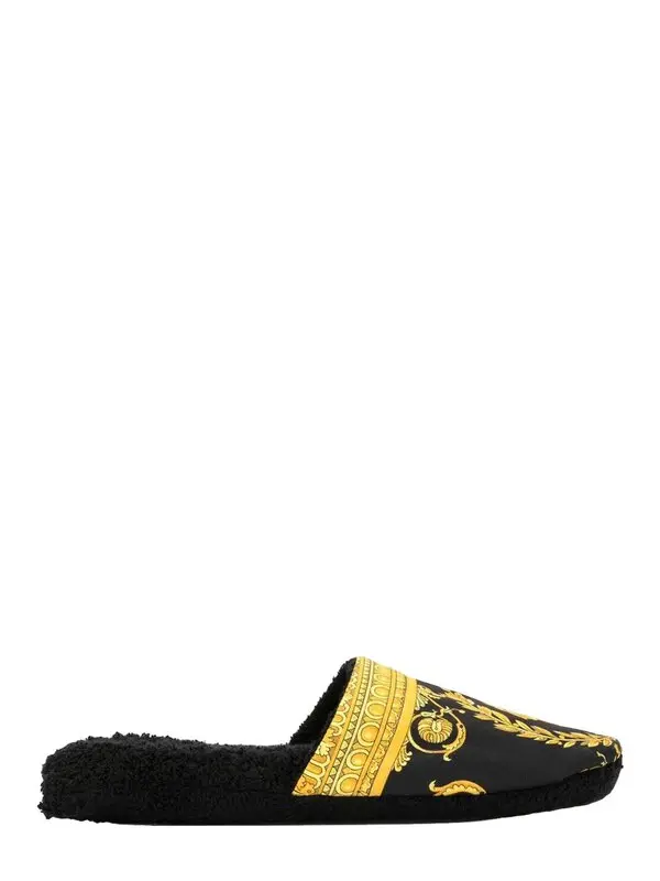 Versace Baroque Print Cotton & Sponge House Slippers With Poplin Insert - Black