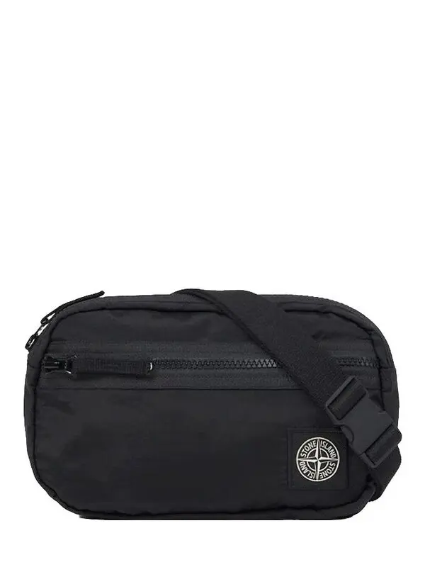 Stone Island Tech Fabric Belt Bag With Adjustable Straps, Logo Patch, Top Zip Closure & Front Zip Pocket 25x16x5 Cm - Black