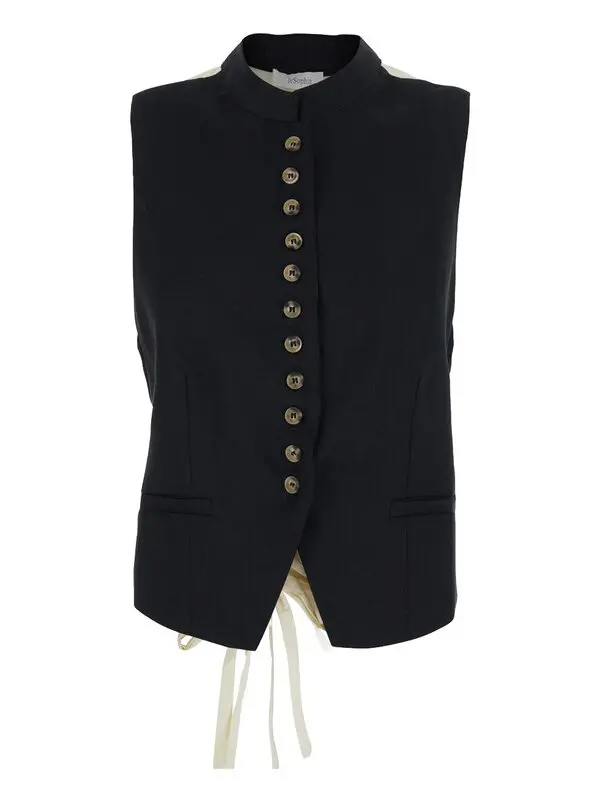 JC SOPHIE Crew Neck Vest With Bow Back And Button Front - Black