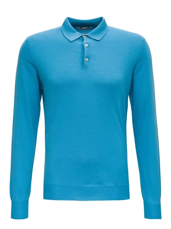 GAUDENZI Long Sleeve Polo In Wool, Silk & Cashmere - Light Blue