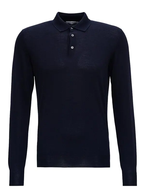 GAUDENZI Long Sleeve Wool, Silk, And Cashmere Polo With Classic Collar - Blu