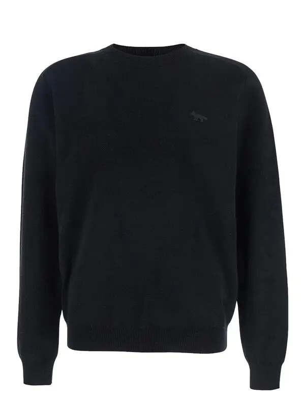 Maison Kitsuné Wool Crewneck Sweater With Front Fox Patch - Black