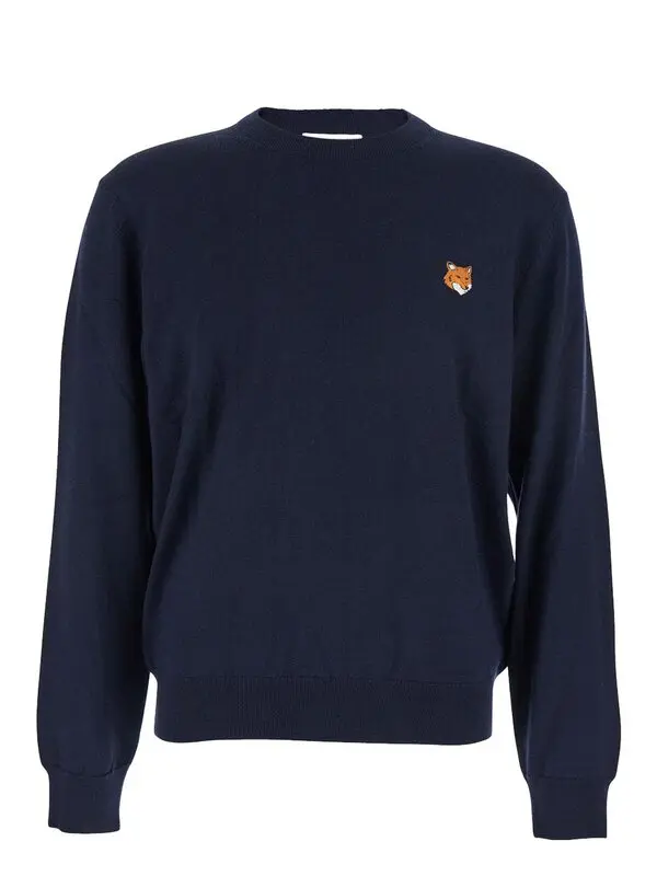 Maison Kitsuné Wool Crew Neck Sweater With Front Fox Patch - Blu