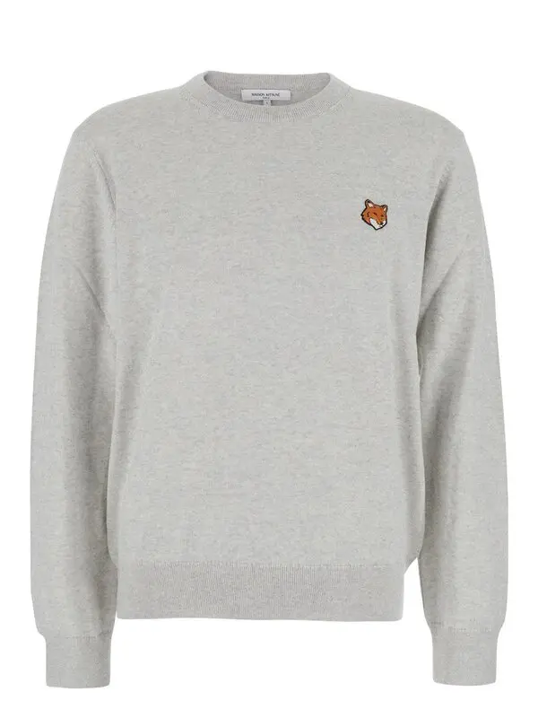 Maison Kitsuné Crew Neck Merino Wool Sweater With Front Fox Patch - Grey