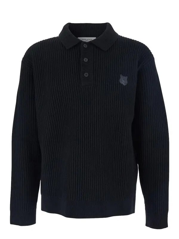 Maison Kitsuné Ribbed Cotton Sweater With Front Logo Patch - Black